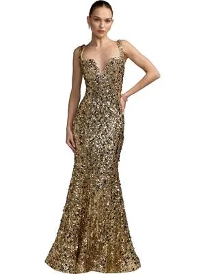 Mac Duggal Mixed Sequin Mermaid Gown - Gold