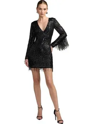 Mac Duggal Long Sleeve V-neck Beaded Fringe Mini Dress - Black