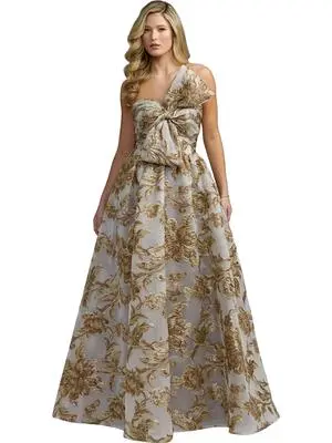 Mac Duggal Floral Strapless Brocade Ball Gown With Bow - Bronze