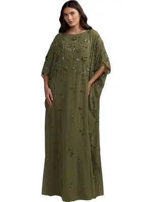 Mac Duggal Olive Floral Embellished Kaftan Gown - Green
