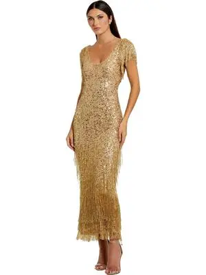 Mac Duggal Beaded Fringe Scoop Neck Midi Dress - Gold