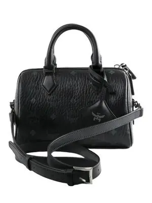 Mcm Small Ela Boston Visetos Monogram Canvas Tote Bag Black