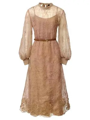 Fabiana Filippi Belted Lace-overlay Midi Dress - Neutrals