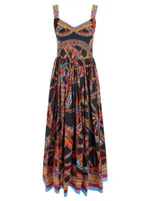 Dolce & Gabbana Long Dress With Integrated Cup Bodice And All-over Majolica Print In Cotton For - Multicolor