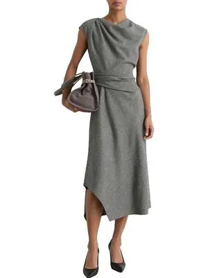 REISS Clara Glen Plaid Asymmetric Hem Wool Blend Dress - Grey