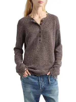 R13 Relaxed Distressed Henley Sweater - Brown
