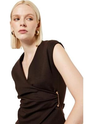 Koton Sleeveless V-neck Wrap Top With Accessory Detail - Brown