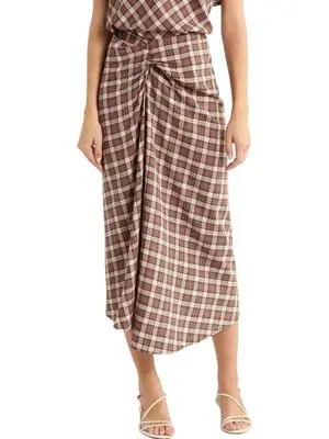 WAYF Laurel Plaid Drape Detail Cotton Skirt - Brown
