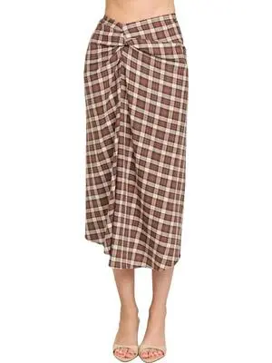 WAYF Laurel Plaid Drape Detail Cotton Skirt - Brown
