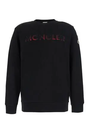Moncler Black Crew Neck Sweater With Logo Lettering On The Front And Logo Patch On The Sleeve In Cotton Blend - Multicolor
