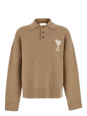 AMI Paris Beige Sweater With Polo Collar And Adc Embroidery On The Front In Wool For - Cream