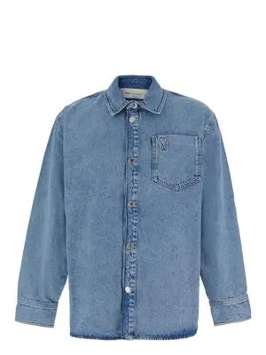 AMI Paris Light Shirt With Classic Collar And Tone-on-tone Adc Embroidery On The Front In Cotton For - Blue