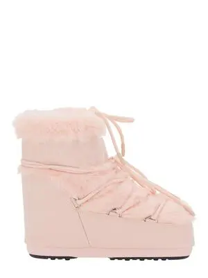 Moon Boot Pink Ankle Boots With Logo Lettering And Lace-up Closure In Tech Fabric And Eco Fur - Multicolor