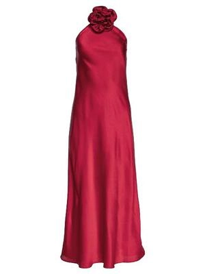 VASILIKI Belle Halter Neck Silky Dress With Crystallised Floral Corsage - Red