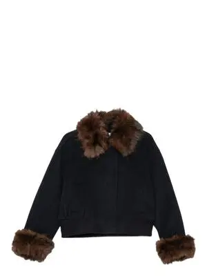 SELF-PORTRAIT Self-Portrait Fur Trim Bomber Jacket Navy