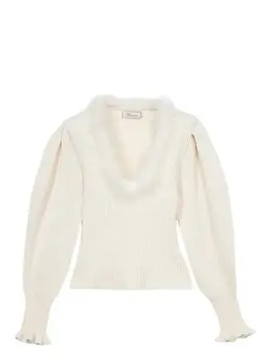 Blumarine V-neck Raw-edge Puff-sleeve Sweater - White