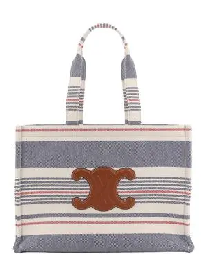 Celine Large Cabas Thais In Striped Textile And Calfskin - Gray