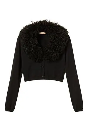 TWINSET Cropped Cardigan With Faux Fur - Black
