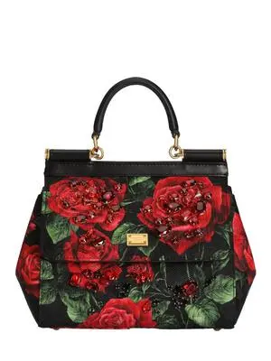 Dolce & Gabbana Dolce Gabbana Rose Printed Small Sicily Handbag - Black