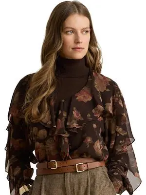 Ralph Lauren Floral Ruffle-trim Chiffon V-neck Blouse - Brown Multi