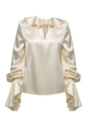 JNSQ (JE NE SAIS QUOI) White Marie-antoinette Silk Ruffle Blouse