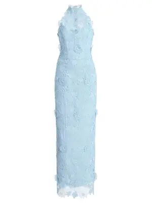 Monique Lhuillier Guipure Lace Halter Neck Column Dress - Light Blue