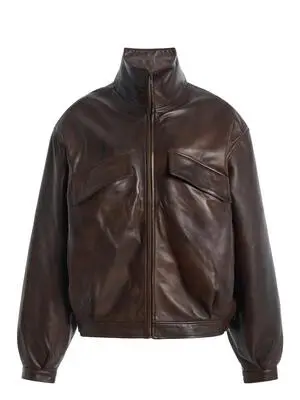 SLOAN Exclusive Oversized Leather Bomber Jacket - Brown