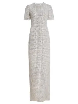 Monique Lhuillier Embroidered Tulle Short-sleeve Maxi Dress - Silver