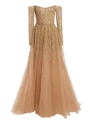 Monique Lhuillier Embroidered Off-the-shoulder Long-sleeve Dress - Gold