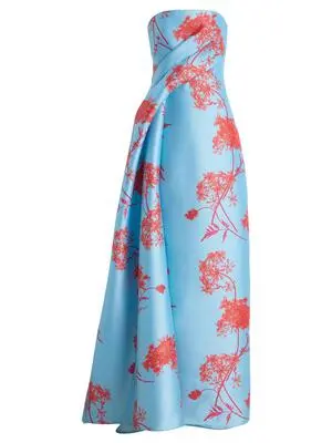Monique Lhuillier Silk-blend Draped Column Midi Dress With Train - Blue
