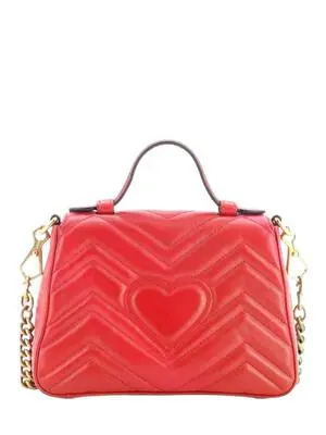 Gucci Gg Marmont Top Handle Flap Bag Matelasse Leather Mini Satchel - Red