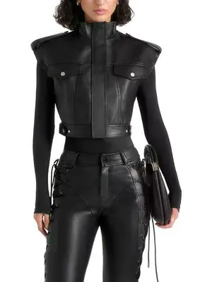Manière De Voir Imelda Leather Cropped Wide Shoulder Sleeveless Jacket - Black