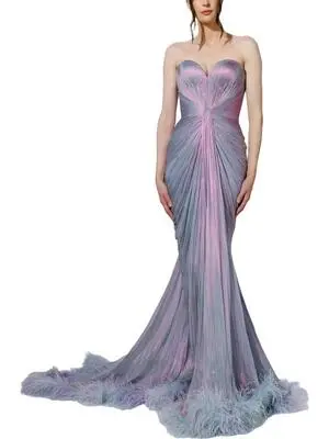 IRIS SERBAN Feather-trim Pleated Maxi Dress - Purple