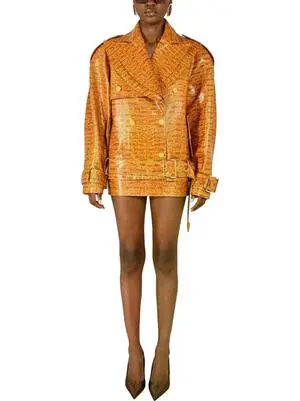 ROWEN ROSE Croco-effect Trench Jacket - Brown