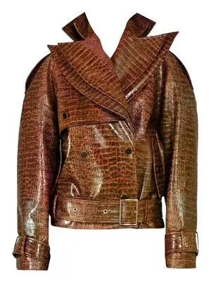 ROWEN ROSE Croco-effect Signature Short Trench Coat - Brown