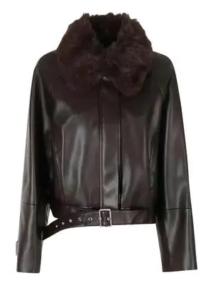 ISABELLE BLANCHE Faux-fur Collar Belted Bomber Jacket Brown