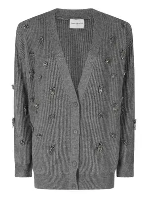 ISABELLE BLANCHE Crystal-embellished Ribbed-knit Wool Cardigan - Grey