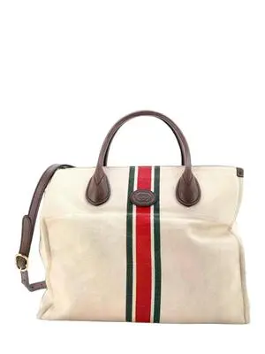 GUCCI Foldable Web Canvas With Leather Small Tote Bag