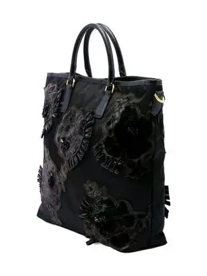 Prada 2013-2026 Beaded Tessuto Floral Applique Tote Satchel - Black