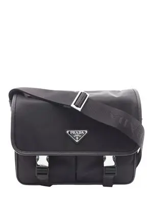 Prada 2013-2026 Saffiano Trimmed Tessuto Double Buckle Messenger Bag Crossbody Bag - Black