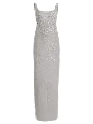 Monique Lhuillier Embroidered Tulle Scoop-neck Maxi Dress - Silver