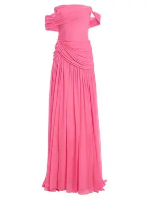 Monique Lhuillier Silk Asymmetric Off-the-shoulder Maxi Dress - Pink