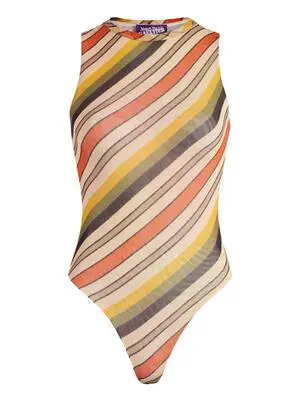 JEAN PAUL GAULTIER Mesh Tank-top Body Printed Retro Stripe Neutrals