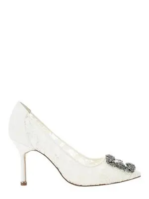 Manolo Blahnik Hangisi 90mm Lace Crystal-buckle Pumps - White