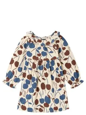 Bonpoint Melyssa Baby Dress With Cherry Print In Organic Cotton Velvet - Hazelnut Printing