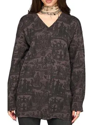 DISTURBIA Diabolical V-neck Knit Sweater - Grey