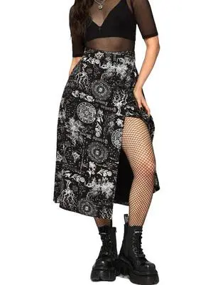 DISTURBIA Trinity Moon Print Wrap Midi Skirt - Black
