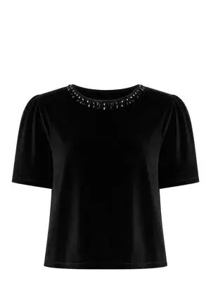 YUMI Velvet Embellished Neck Top - Black