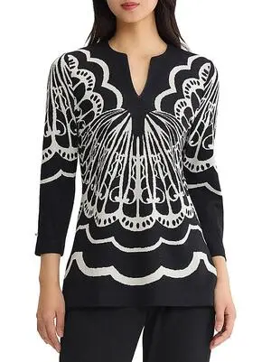 Ming Wang Feminine Soft Jacquard Knit Tunic - Black/ivory