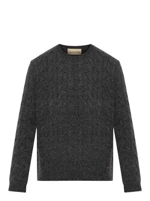 Valentino Garavani Merino Wool Cable Knit Sweater With Regular Fit And Crew Neck - Grey
